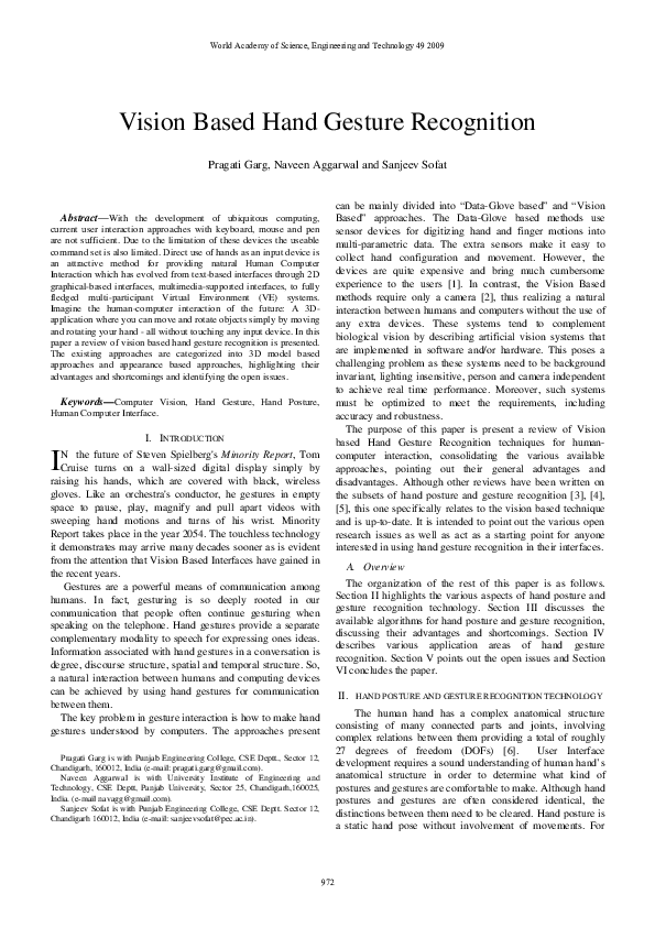 (PDF) Vision Based Hand Gesture Recognition