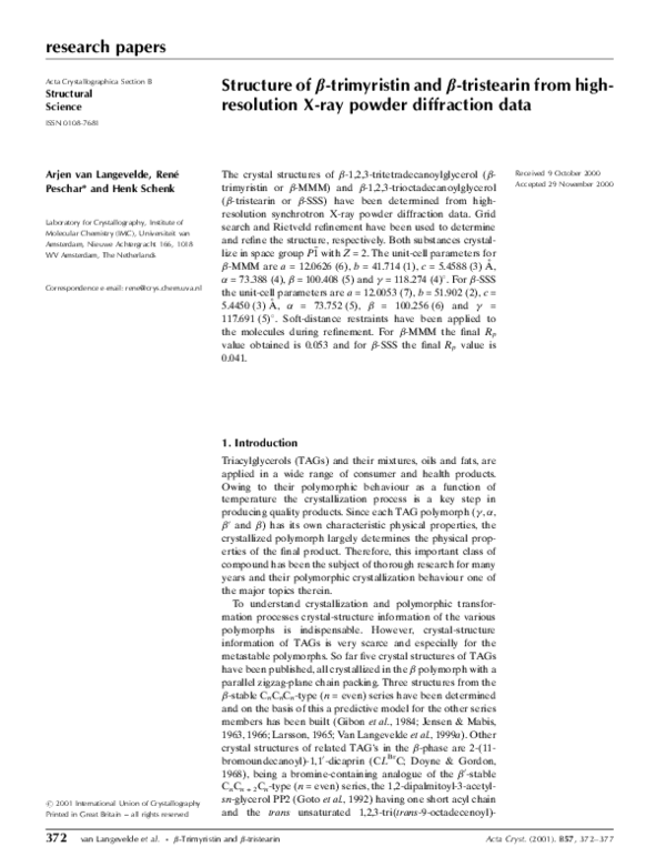 (PDF) Structure of β-trimyristin and β-tristearin from high-resolution ...