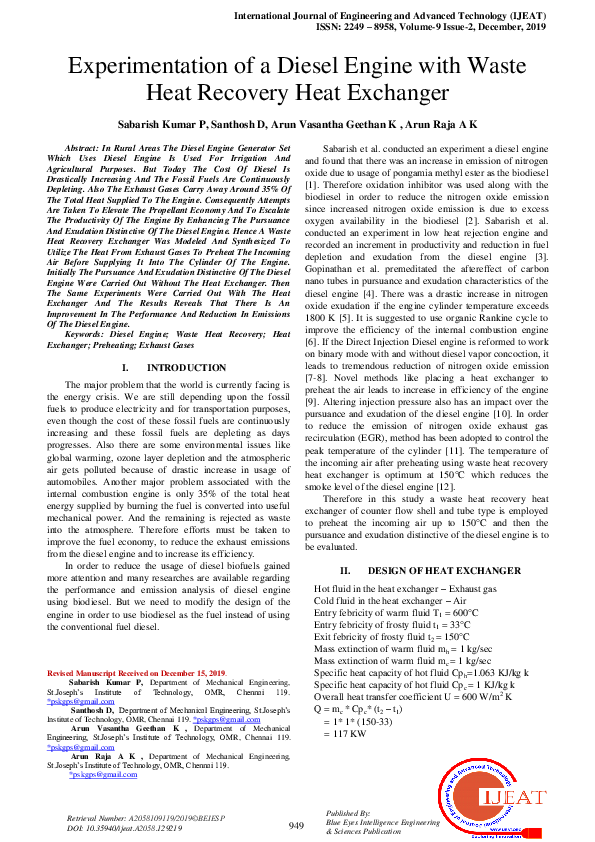 (PDF) Experimentation of a Diesel Engine with Waste Heat Recovery Heat ...