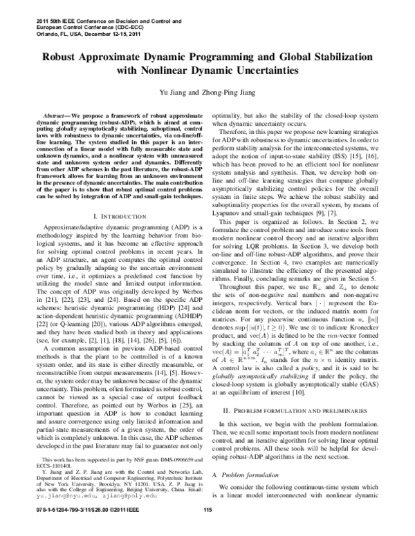 (PDF) Robust Approximate Dynamic Programming and Global Stabilization ...