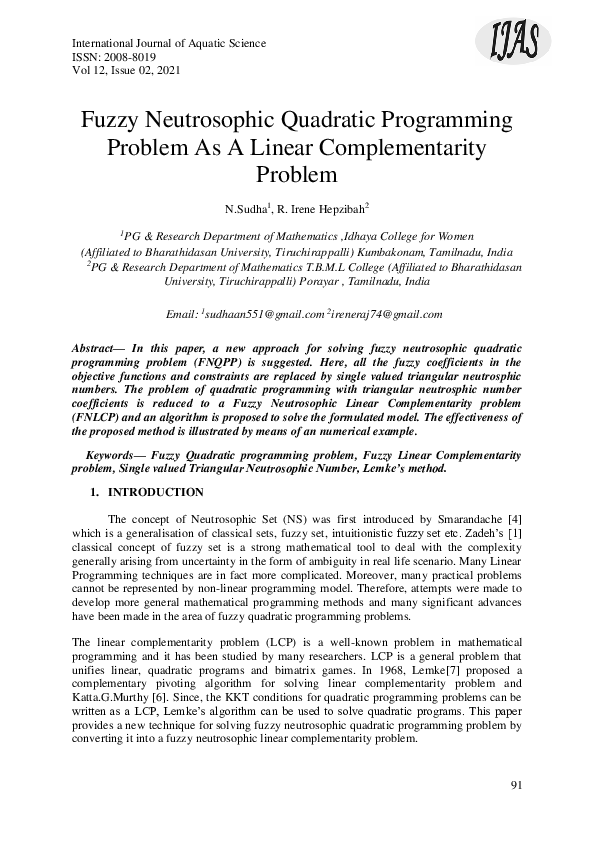 (PDF) Fuzzy Neutrosophic Quadratic Programming Problem As A Linear Complementarity Problem