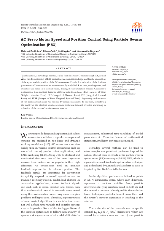 Pdf Ac Servo Motor Speed And Position Control Using Particle Swarm