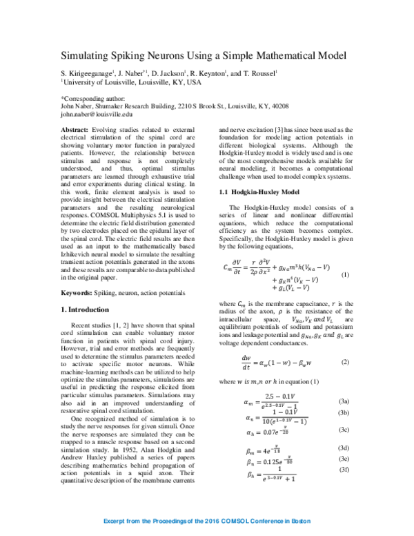 (PDF) Simulating Spiking Neurons Using a Simple Mathematical Model
