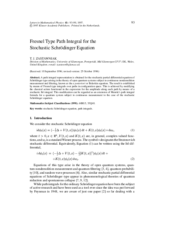 (PDF) Fresnel Type Path Integral for the Stochastic Schrödinger Equation