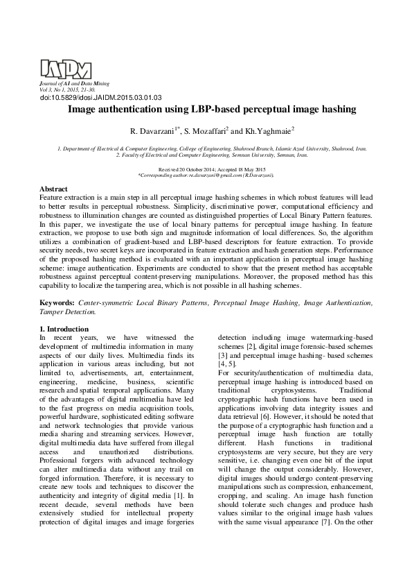 Pdf Image Authentication Using Lbp Based Perceptual Image Hashing