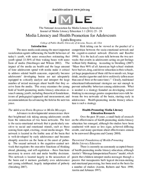 (PDF) Media Literacy and Health Promotion for Adolescents