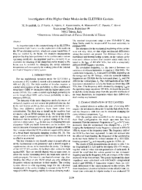 (PDF) Investigation of the higher order modes in the ELETTRA cavities