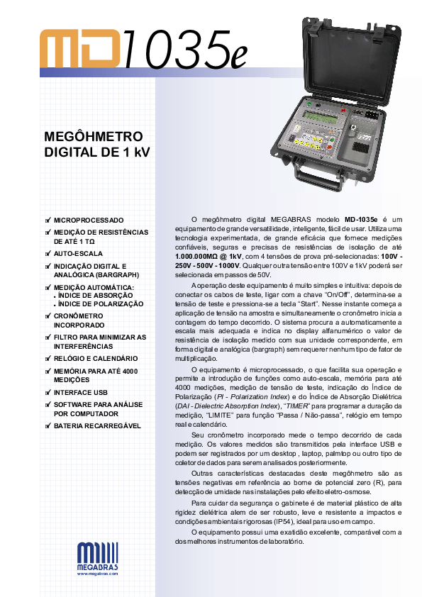 (PDF) Manual do Usuário Megôhmetro Megabras MD1035e