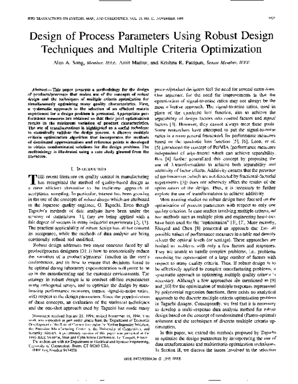 (PDF) Design of process parameters using robust design techniques and multiple criteria optimization