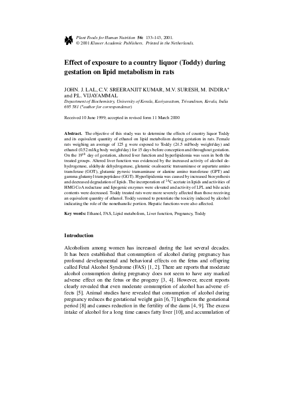 (PDF) Effect of exposure to a country liquor (Toddy) during gestation ...