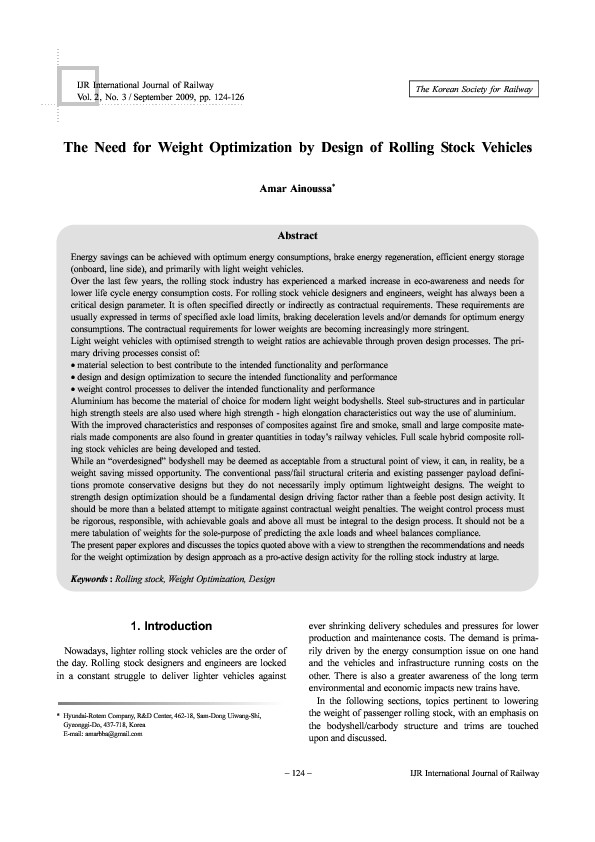 (PDF) The Need for Weight Optimization by Design of Rolling Stock Vehicles