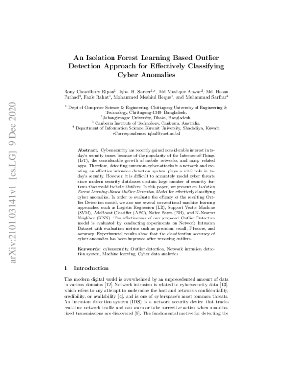 Pdf An Isolation Forest Learning Based Outlier Detection Approach For Effectively Classifying