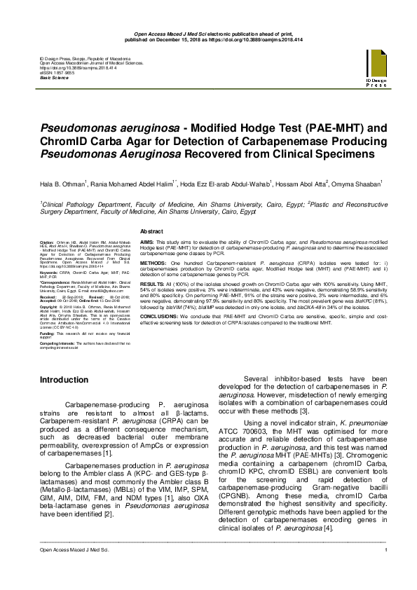(PDF) Pseudomonas aeruginosa - Modified Hodge Test (PAE-MHT) and ...