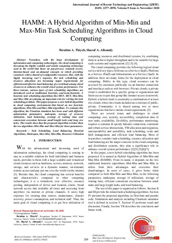 (PDF) HAMM: A Hybrid Algorithm of Min-Min and Max-Min Task Scheduling Algorithms in Cloud Computing