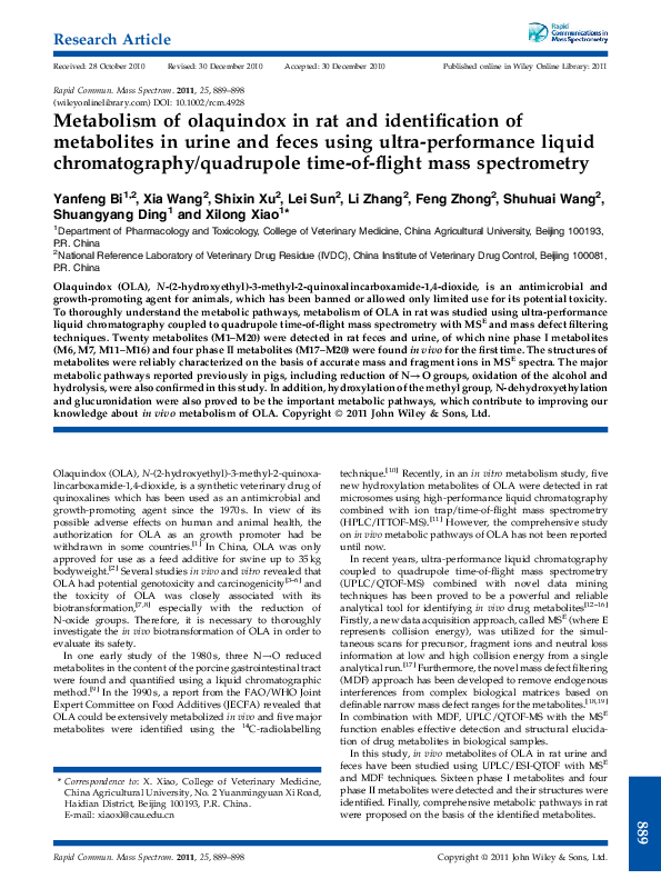(PDF) Metabolism of olaquindox in rat and identification of metabolites ...