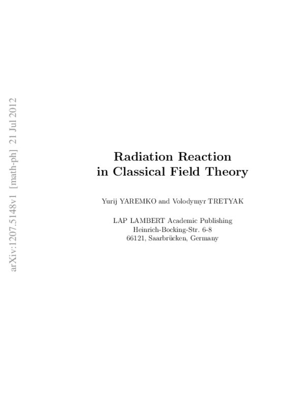 (PDF) Radiation Reaction in Classical Field Theory