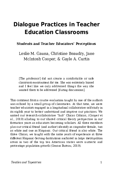 (PDF) Dialogue Practices in Teacher Education Classrooms
