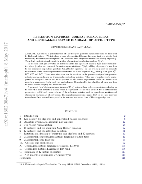 (PDF) Reflection matrices, coideal subalgebras and generalized Satake ...