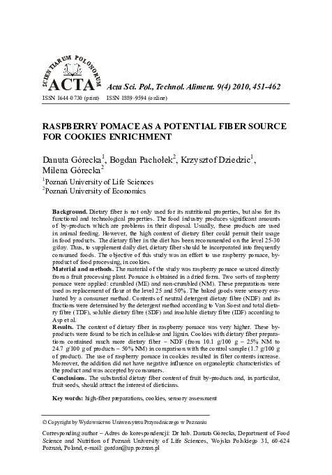 (PDF) Raspberry pomace as a potential fiber source for cookies enrichment
