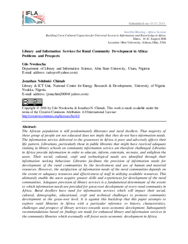 (PDF) Library and Information Services for Rural Community Development ...