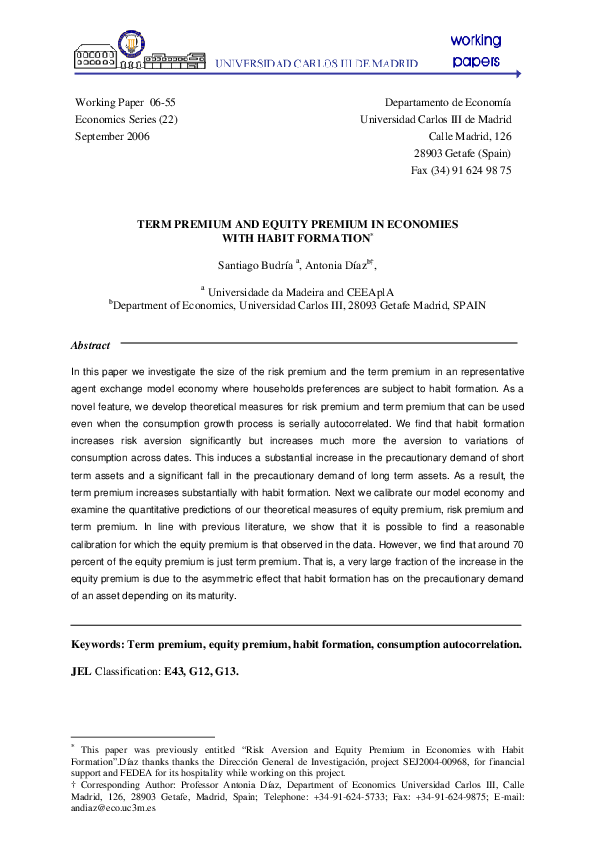 (PDF) Term premium and equity premium in economies with habit formation ...
