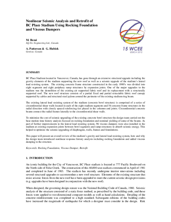 (PDF) Nonlinear Seismic Analysis and Retrofit of BC Place Stadium Using Rocking Foundation and ...