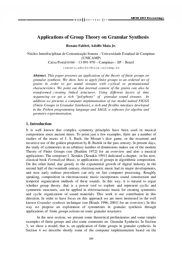 (PDF) Applications of Group Theory on Granular Synthesis