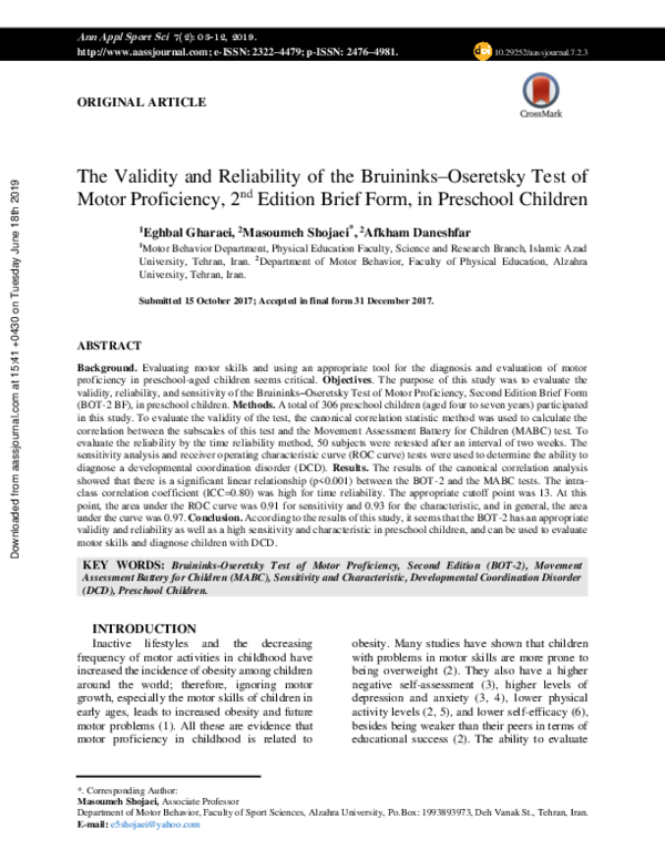 (PDF) The Validity and Reliability of the Bruininks–Oseretsky Test of ...