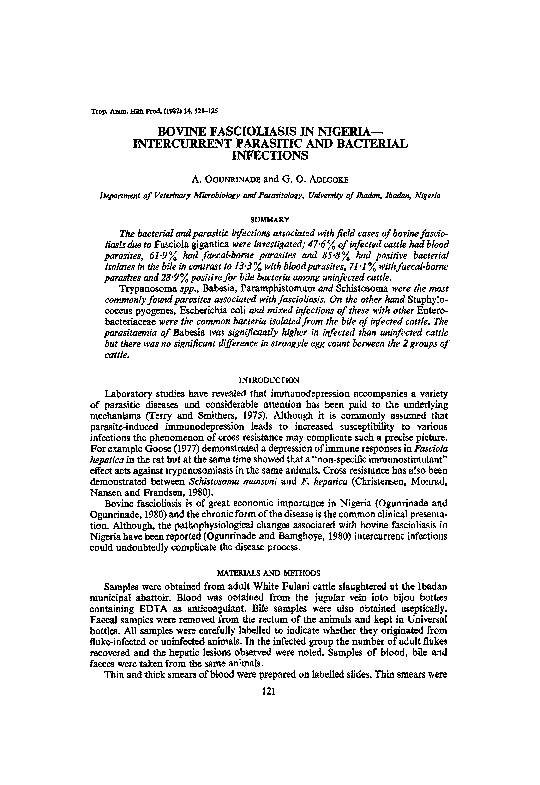 (PDF) Bovine fascioliasis in Nigeria-intercurrent parasitic and ...
