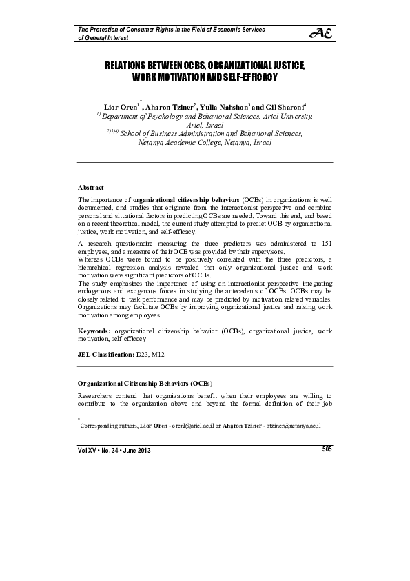 (PDF) Organizational Justice , Work Motivation and Self-Efficacy