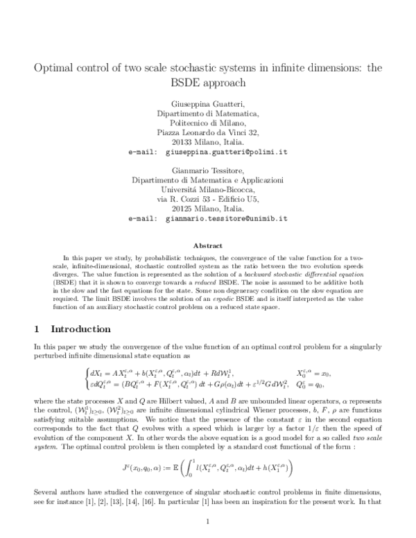 (PDF) Optimal control of two scale stochastic systems in infinite dimensions: the BSDE approach