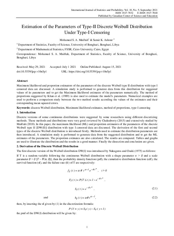 Pdf Estimation Of The Parameters Of Type Ii Discrete Weibull Distribution Under Type I Censoring