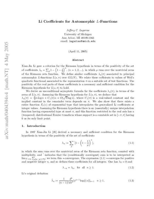 (PDF) 4 M ay 2 00 5 Li Coefficients for Automorphic L-Functions