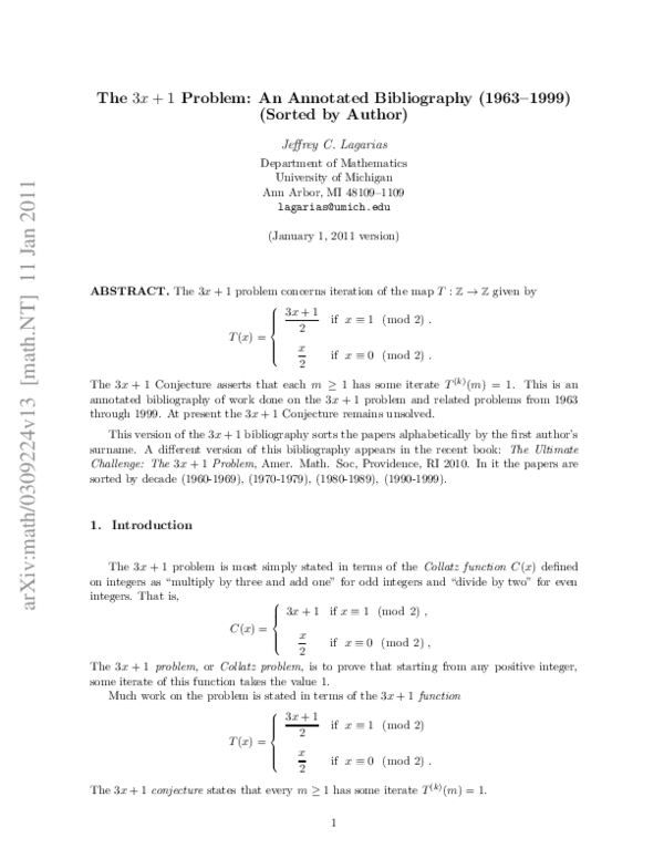 (PDF) The 3x+1 problem: An annotated bibliography (1963--1999) | Jeffrey Lagarias - Academia.edu