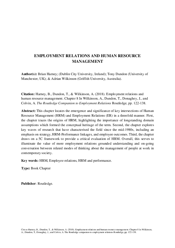 (PDF) Employment relations and human resource management