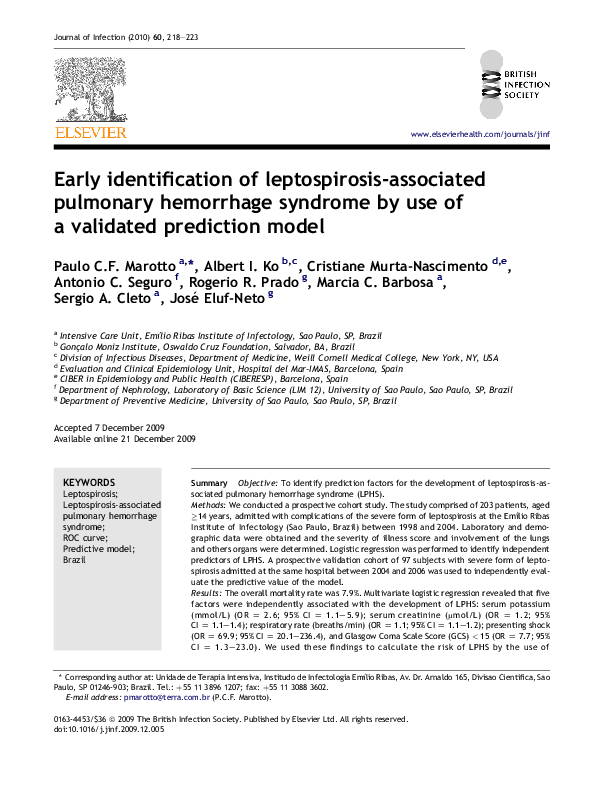 (PDF) Early identification of leptospirosis-associated pulmonary hemorrhage syndrome by use of a ...