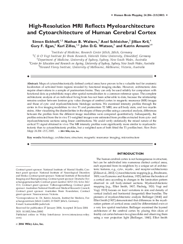 (PDF) High‐resolution MRI reflects myeloarchitecture and ...