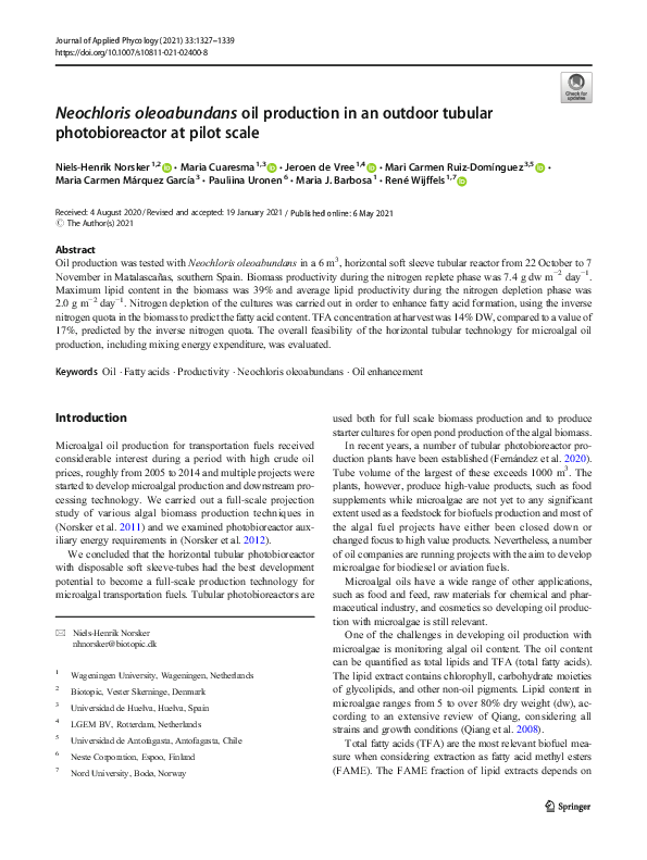 (PDF) Neochloris oleoabundans oil production in an outdoor tubular ...