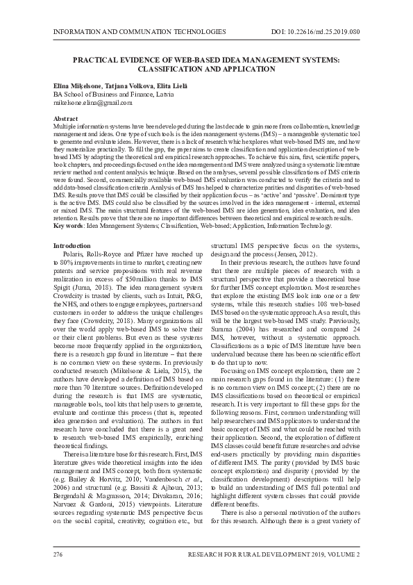 (PDF) Practical evidence of web-based idea management systems: classification and application