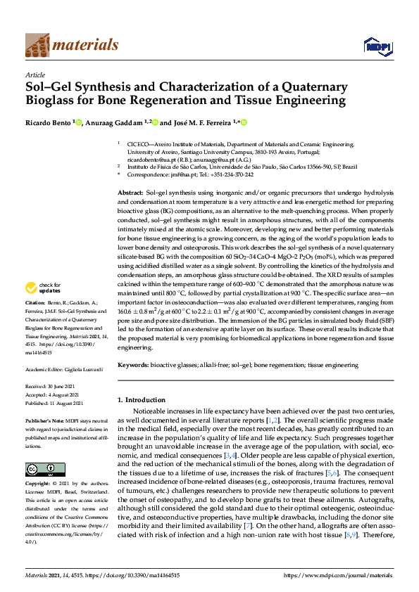 (PDF) Sol–Gel Synthesis and Characterization of a Quaternary Bioglass for Bone Regeneration and ...