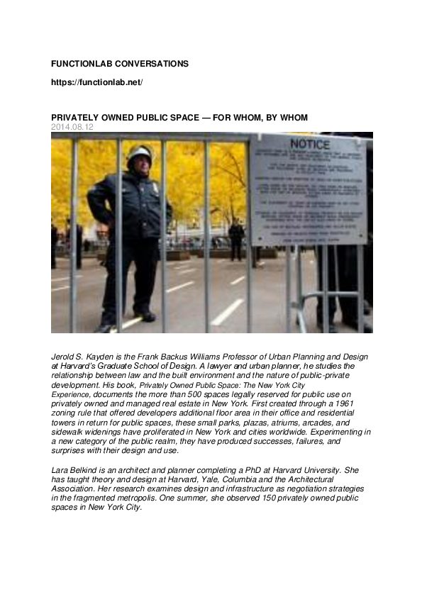 (PDF) Privately Owned Public Space - For Whom, By Whom?