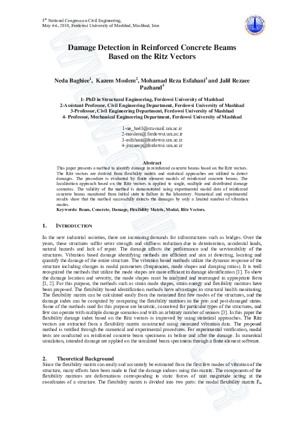 (PDF) Damage Detection in Reinforced Concrete Beams Based on the Ritz Vectors