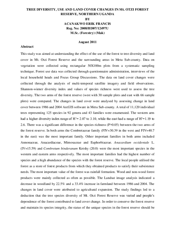TREE DIVERSITY, USE AND LAND COVER CHANGES IN Mt. OTZI FOREST RESERVE ...