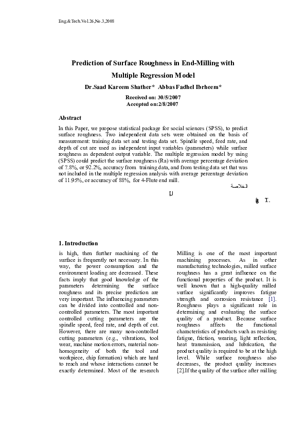 (PDF) Prediction of Surface Roughness in End-Milling with Multiple Regression Model