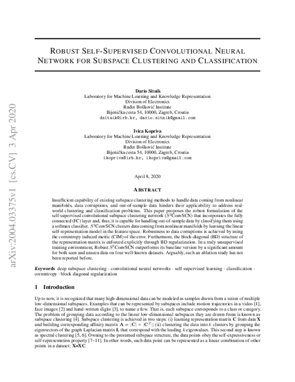 Pdf Robust Self Supervised Convolutional Neural Network For Subspace Clustering And Classification
