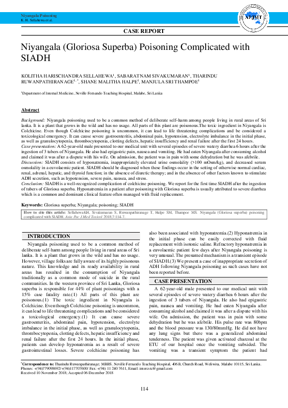 (PDF) Niyangala (Gloriosa Superba) Poisoning Complicated with SIADH