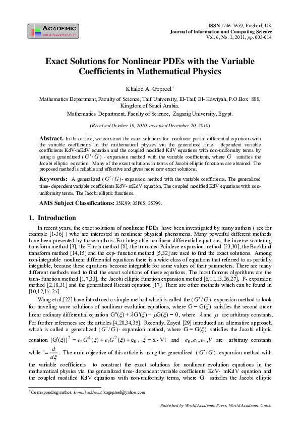 (PDF) Exact solutions for nonlinear PDEs with variable coefficients using the generalized (G'/G ...