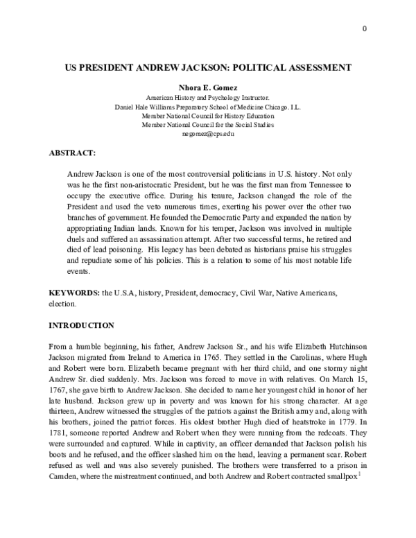 (PDF) US PRESIDENT ANDREW JACKSON: POLITICAL ASSESSMENT
