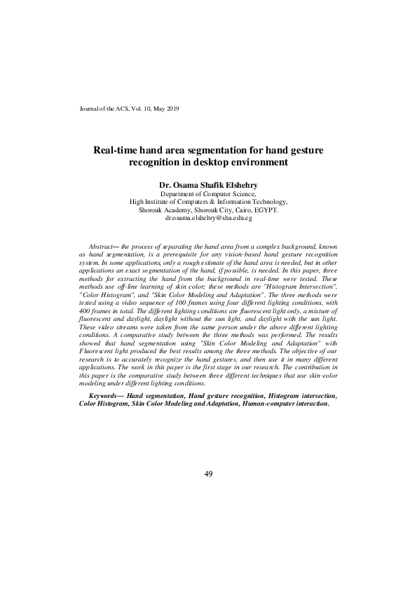 (PDF) Real-time hand area segmentation for hand gesture recognition in ...