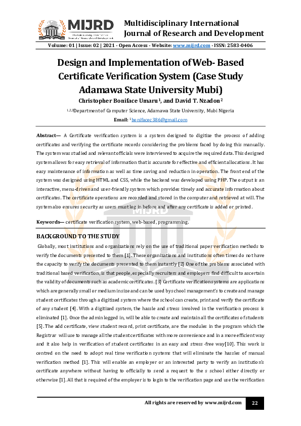 (PDF) Design and Implementation of Web-Based Certificate Verification System (Case Study Adamawa ...